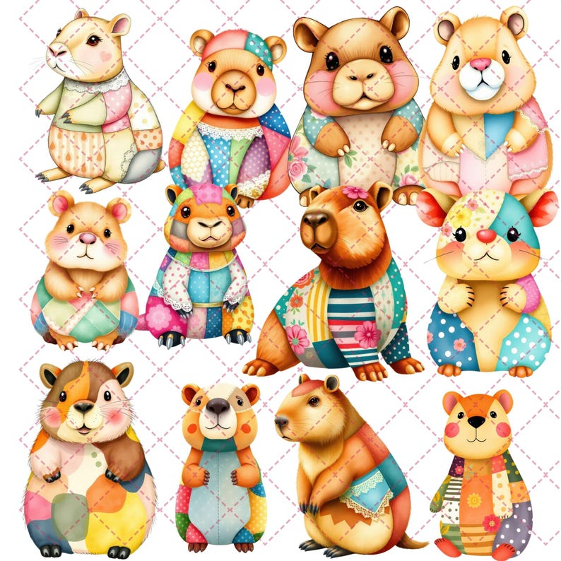 Capybara Patchwork Clipart Set 12 Transparent PNG Files digital ...