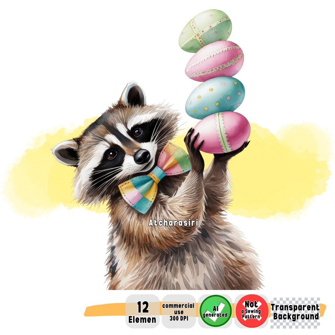 Watercolor Easter Raccoon Clipart 12 PNG Files, Transparent Background ...