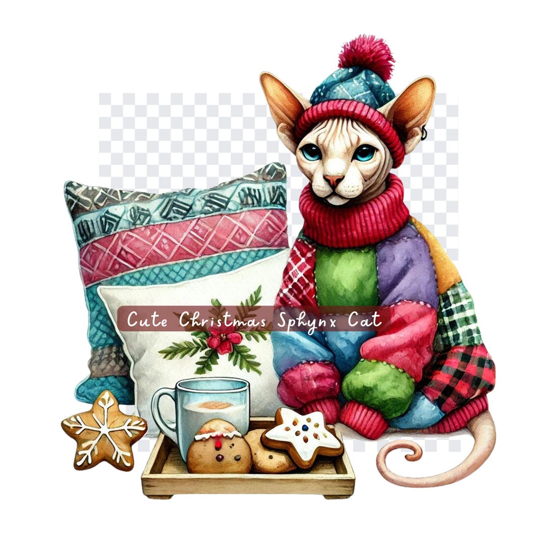 Cute Christmas Sphynx Cat Watercolor Clipart, 11 PNG Transparent ...
