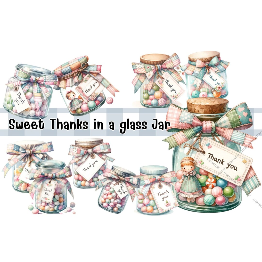 Sweet Thanks in a Jar Illustrated Thank You Jar With Patchwork Ribbon ...