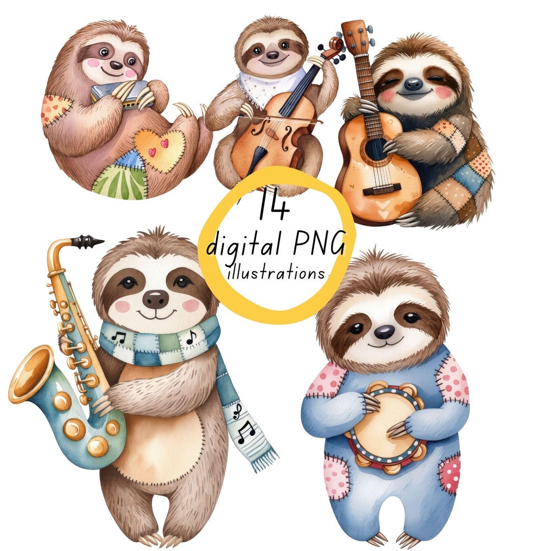 Cute Musician Sloth Clipart Set of 14 PNG Illustrations Watercolor ...