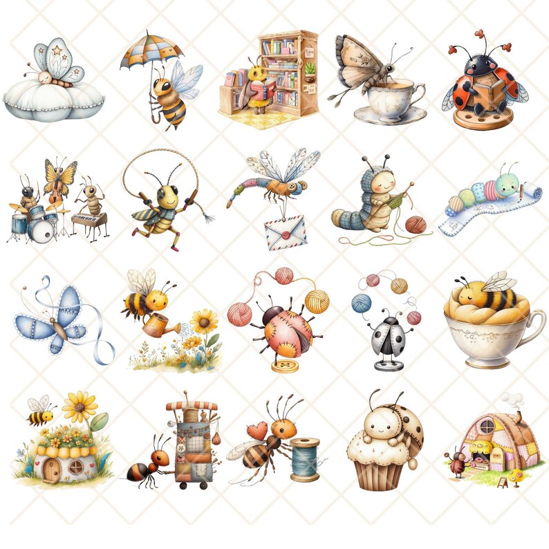 Happy Bugs Clipart Set of 20 PNG Cute Insect Illustrations Transparent ...