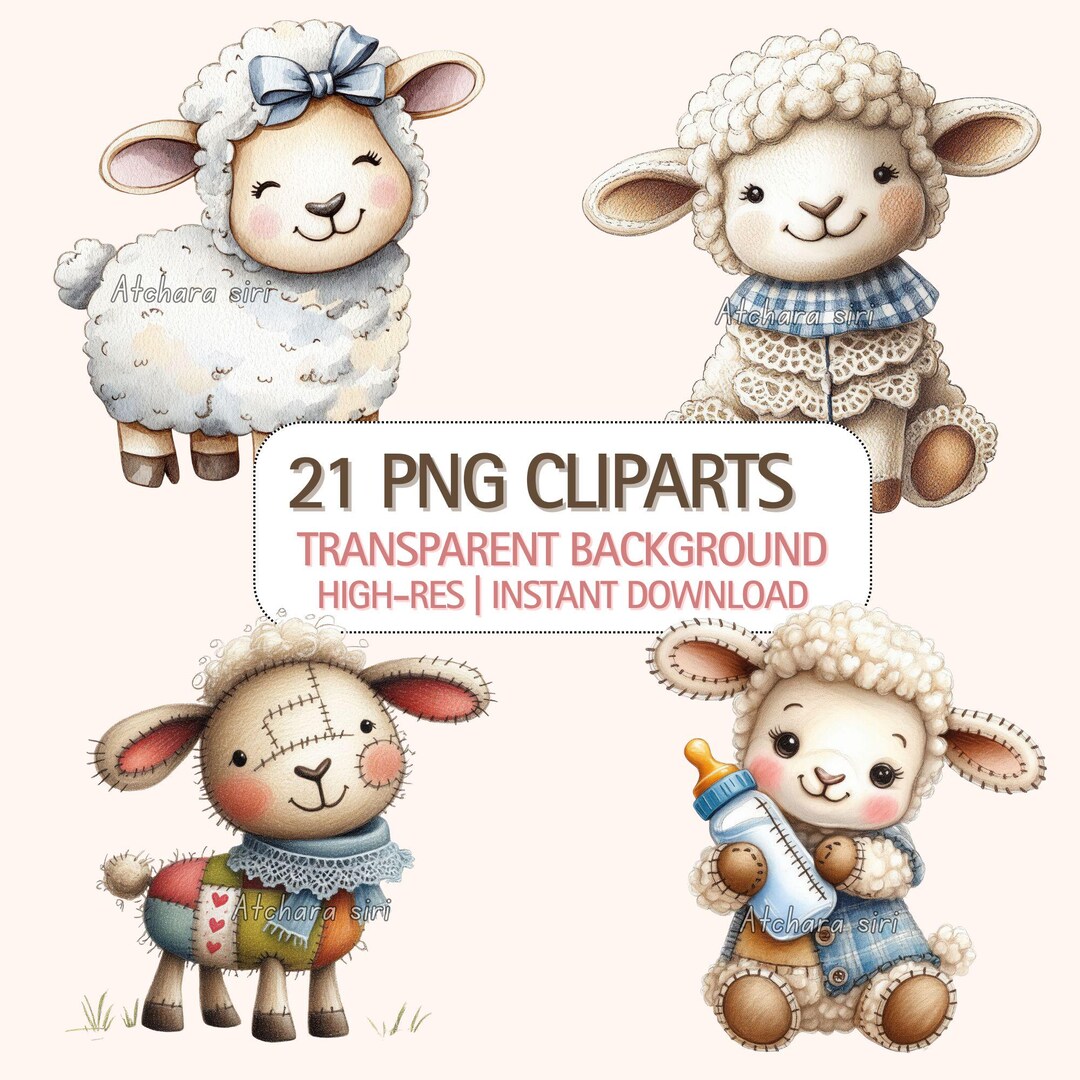 Cute Sheep Clipart Set of 21 PNG Illustrations Transparent Background ...