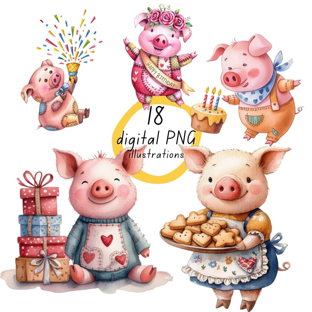 Birthday Pig Clipart Bundle, 18 PNG Watercolor Style Illustrations ...