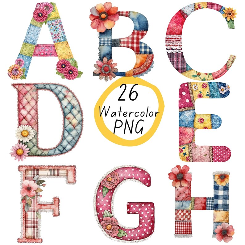 A-Z Spring Alphabet Clipart - 26 PNG Watercolor Patchwork Letters ...