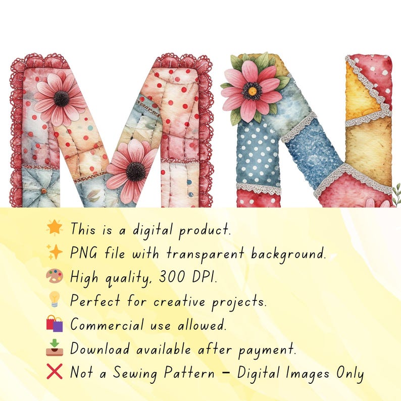 A-Z Spring Alphabet Clipart - 26 PNG Watercolor Patchwork Letters ...