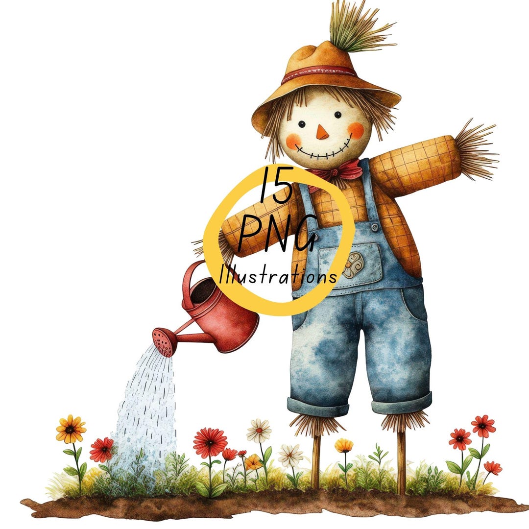 Spring Scarecrow Clipart Set - 15 PNG Cute Seasonal Illustrations, Farm ...