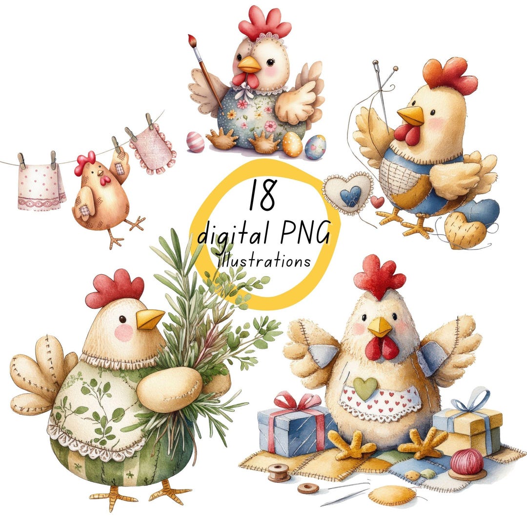 Watercolor Stuffed Chicken Doll Clipart: 18 PNG Illustrations (digital ...