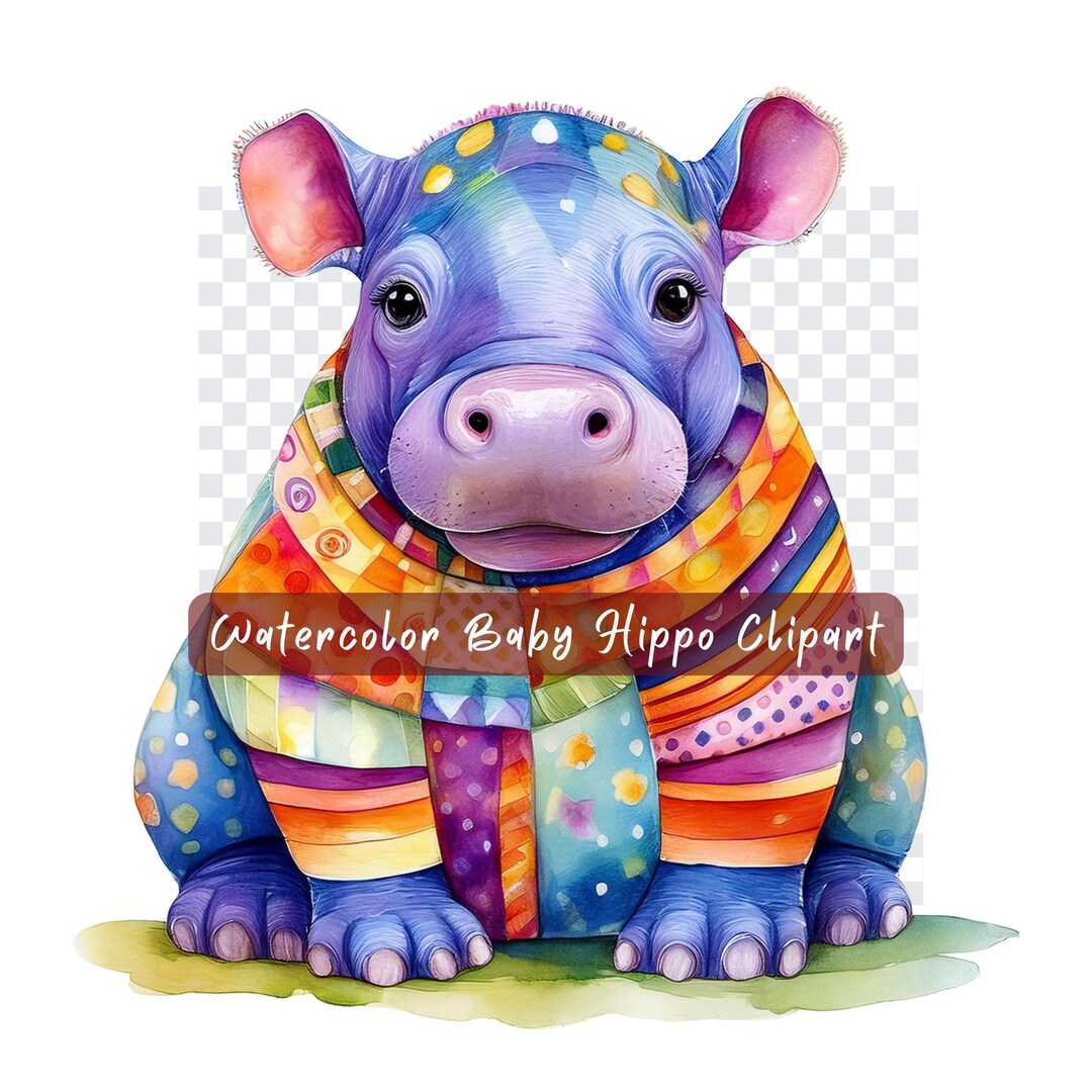 Watercolor Baby Hippo Clipart 10 PNG Files With Transparent Backgrounds ...