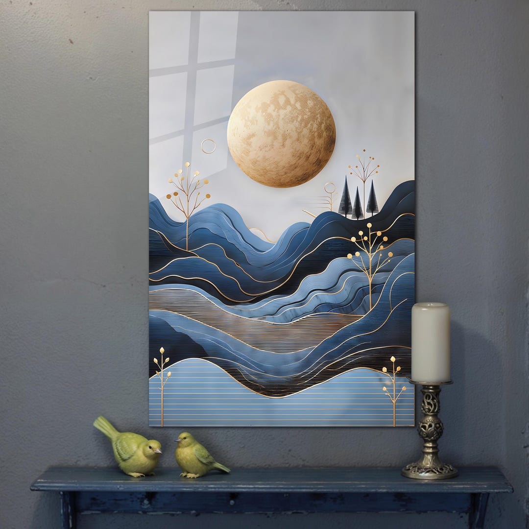 Japanese Art, Tempered Glass Wall Art, Blue Mountain Wall Art, Blue ...
