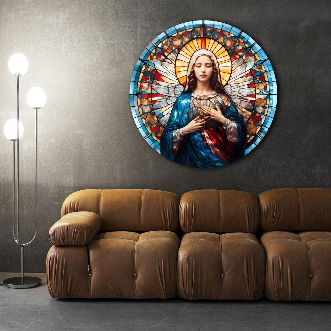 Virgin Mary Tempered Glass Wall Art, Virgin Mary Round Tempered Glass ...