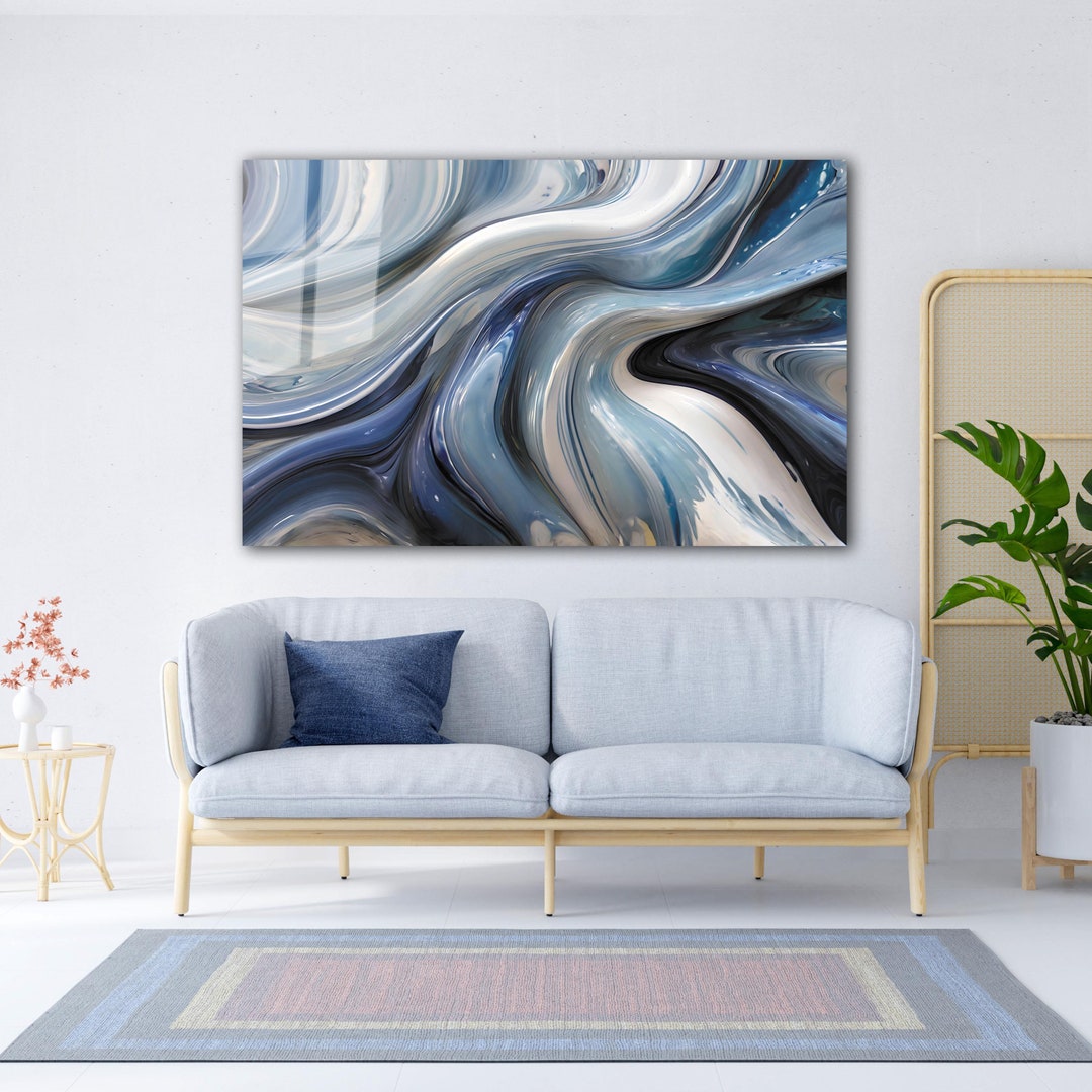 Abstract Blue Tempered Print Glass Wall Art-blue Wall Art-glass Wall ...