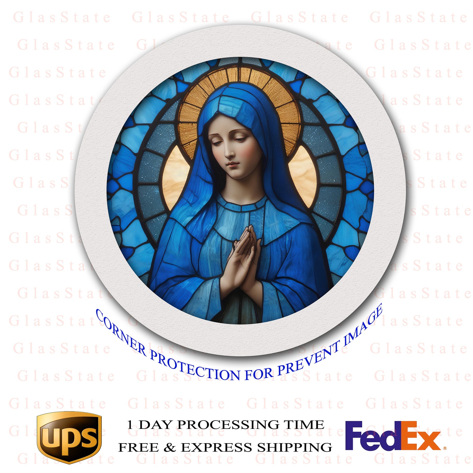 Virgin Mary Tempered Glass Wall Art, Virgin Mary Round Tempered Glass ...
