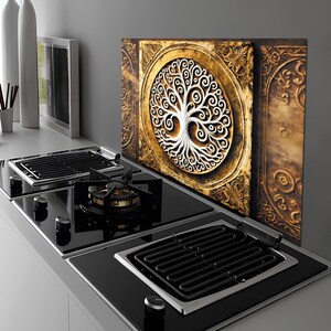 Gold Look Tree of Life Glass Backsplash, Tempered Glass Backsplash ...