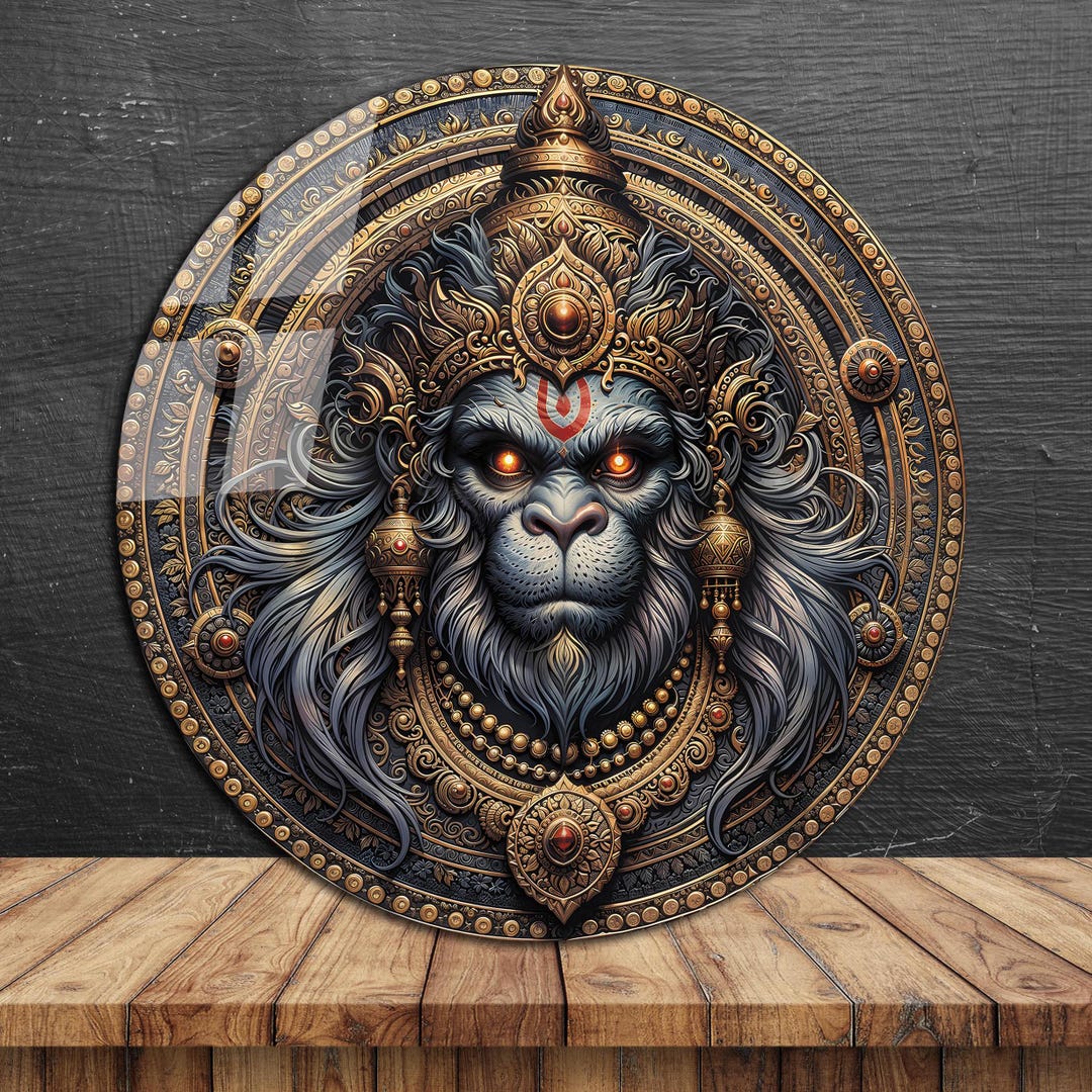 Hanuman Wall Art, Tempered Glass Wall Art, Round Glass Art, Circle Wall ...