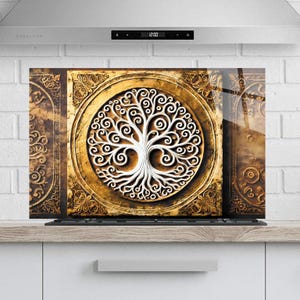 Gold Look Tree of Life Glass Backsplash, Tempered Glass Backsplash ...