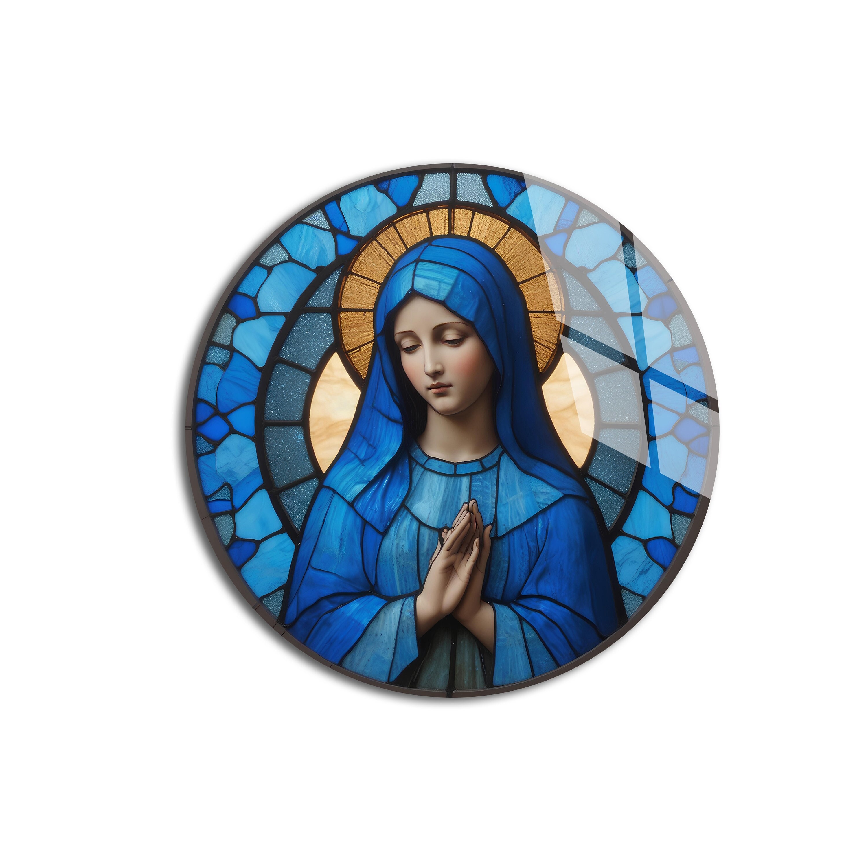 Virgin Mary Tempered Glass Wall Art, Virgin Mary Round Tempered Glass ...
