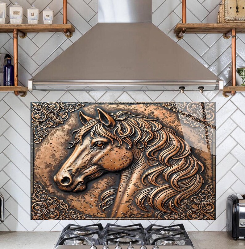 Horse Tempered Glass Backsplash, Majestic Copper Look Kitchen ...