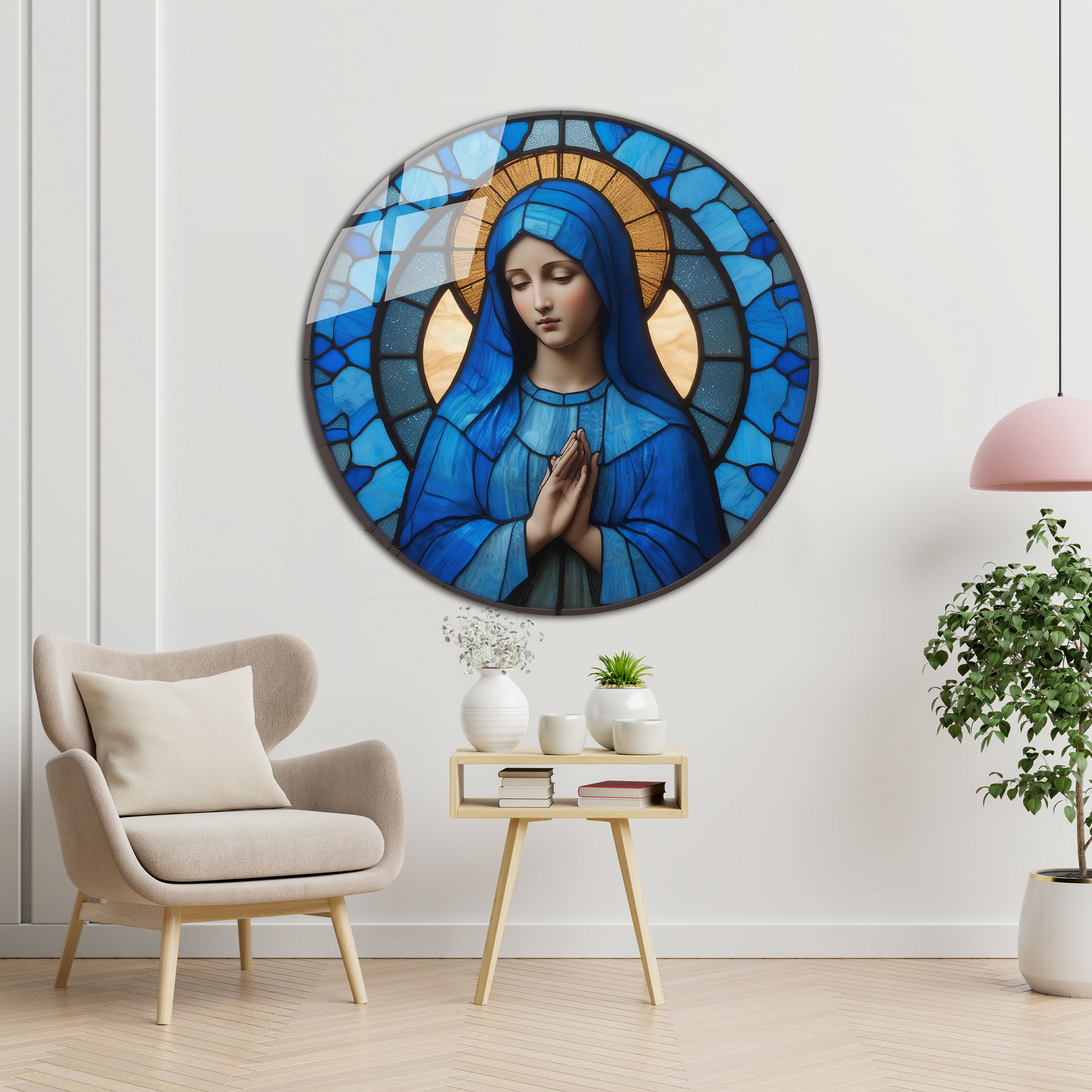 Virgin Mary Tempered Glass Wall Art, Virgin Mary Round Tempered Glass ...