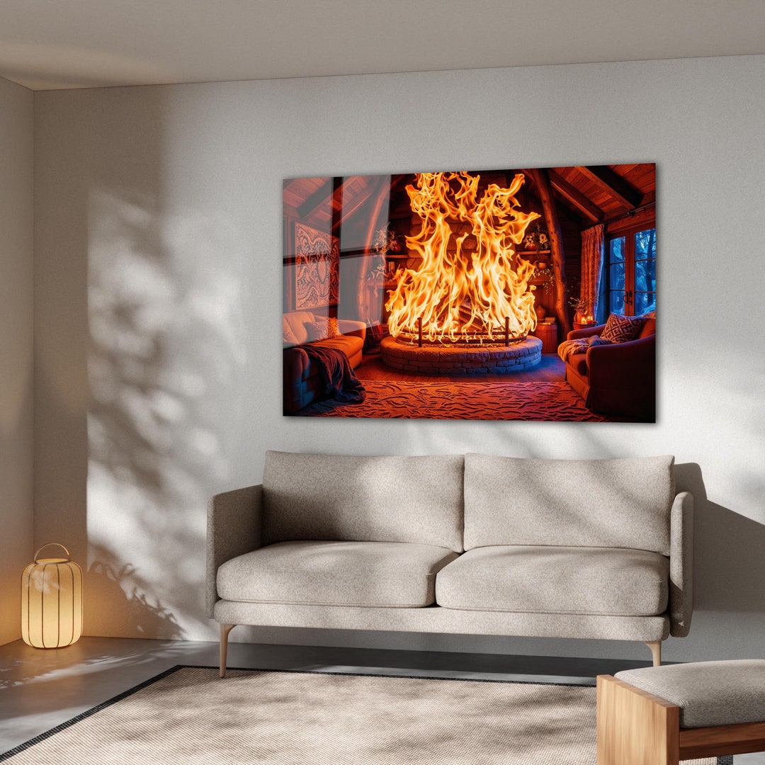 Fireplace Themed Glass Wall Art, Fireplace View Glass Print, Fireplace ...