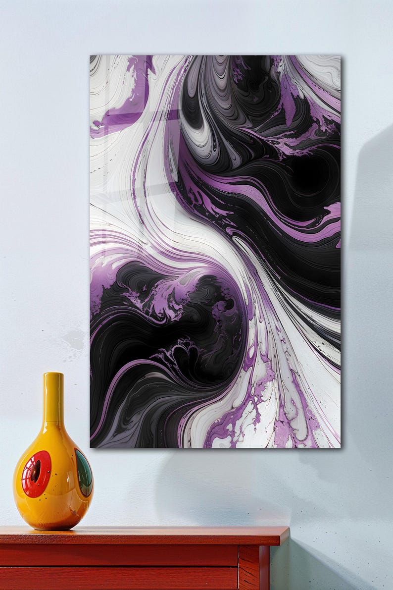 Amethyst Black Abstract Marble Tempered Glass Wall Art, Purple Black ...