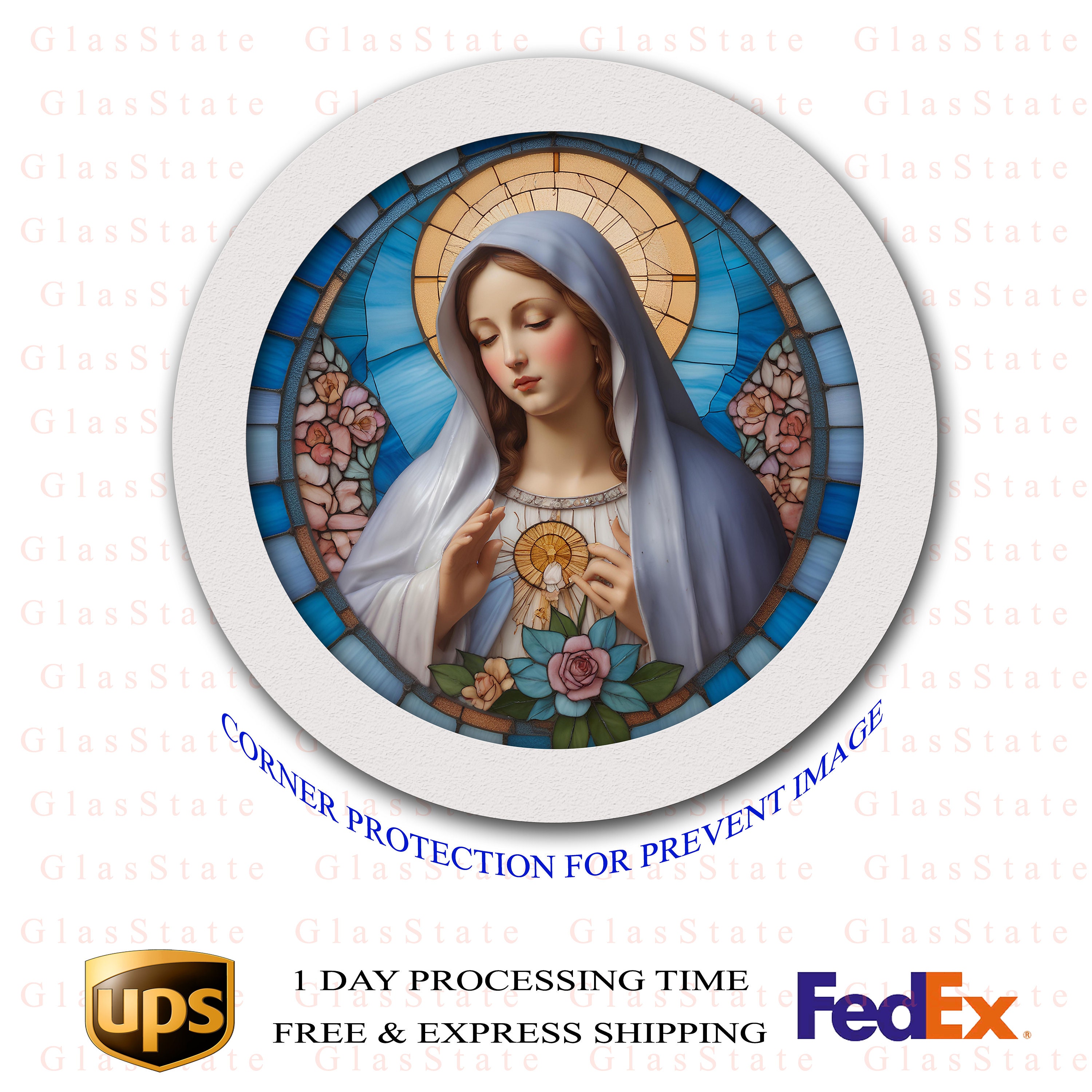 Virgin Mary Tempered Glass Wall Art, Virgin Mary Round Tempered Glass ...