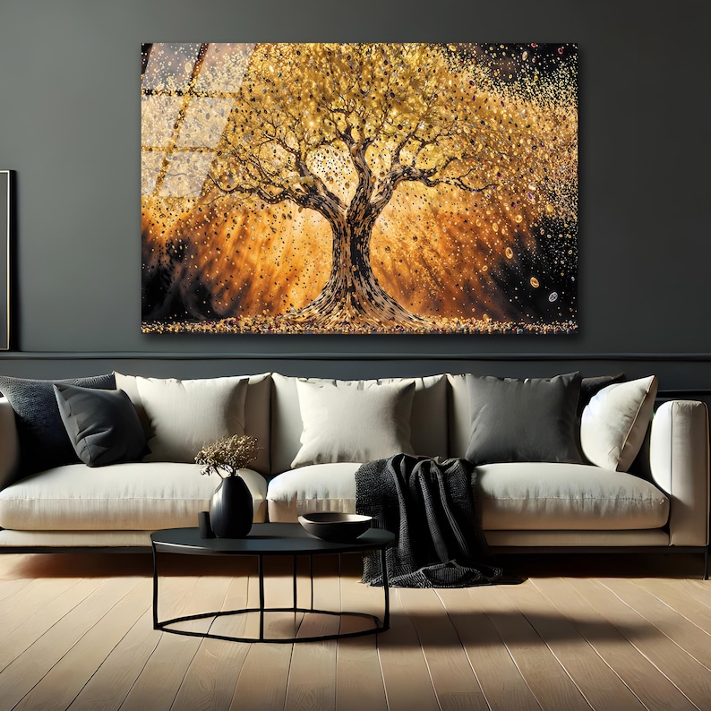 Golden Tree Tempered Glass Wall Art: Modern Home Decor - Etsy