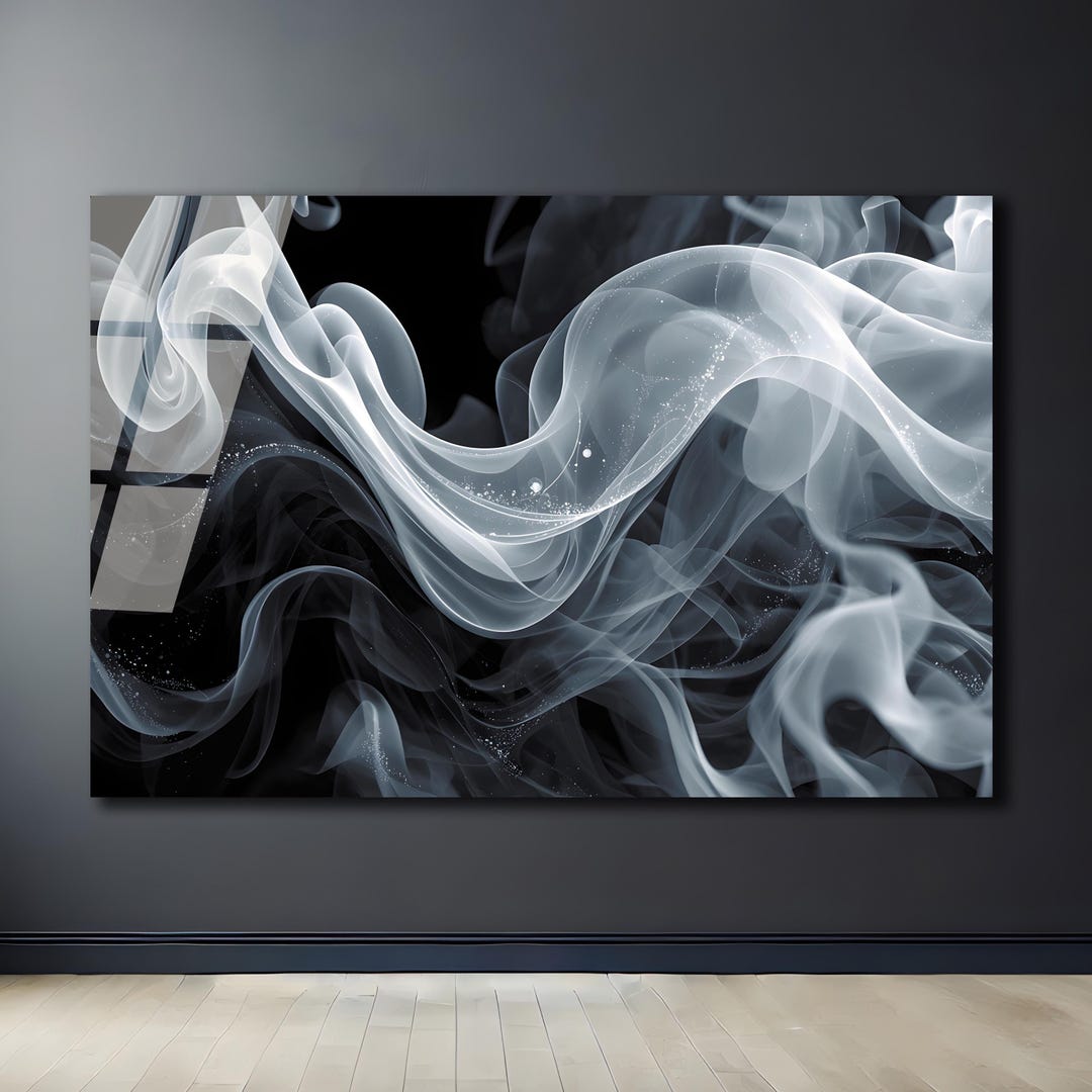 Black and White Smoke Abstract Wall Art, Watercolor Tempered Glass Wall ...