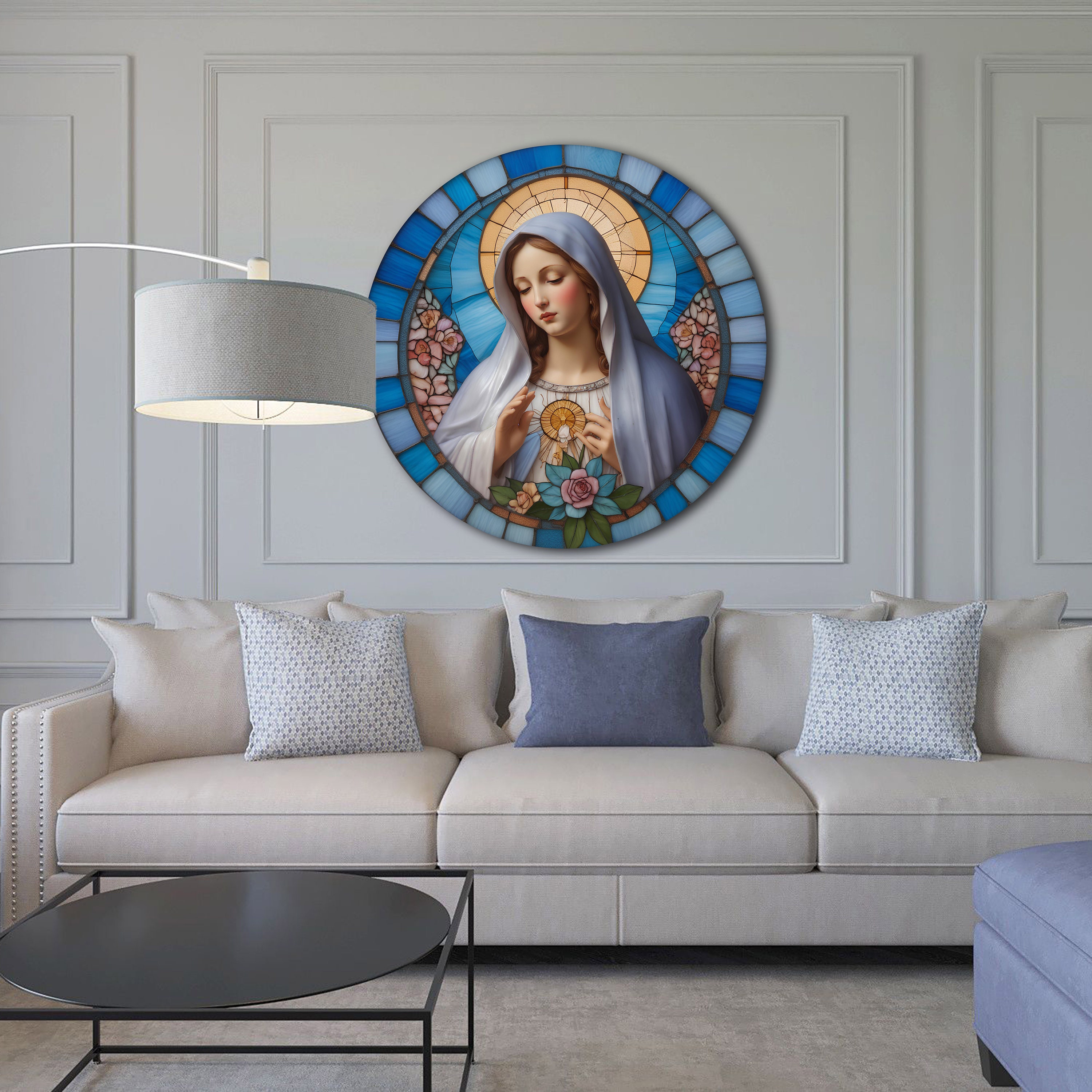Virgin Mary Tempered Glass Wall Art, Virgin Mary Round Tempered Glass ...