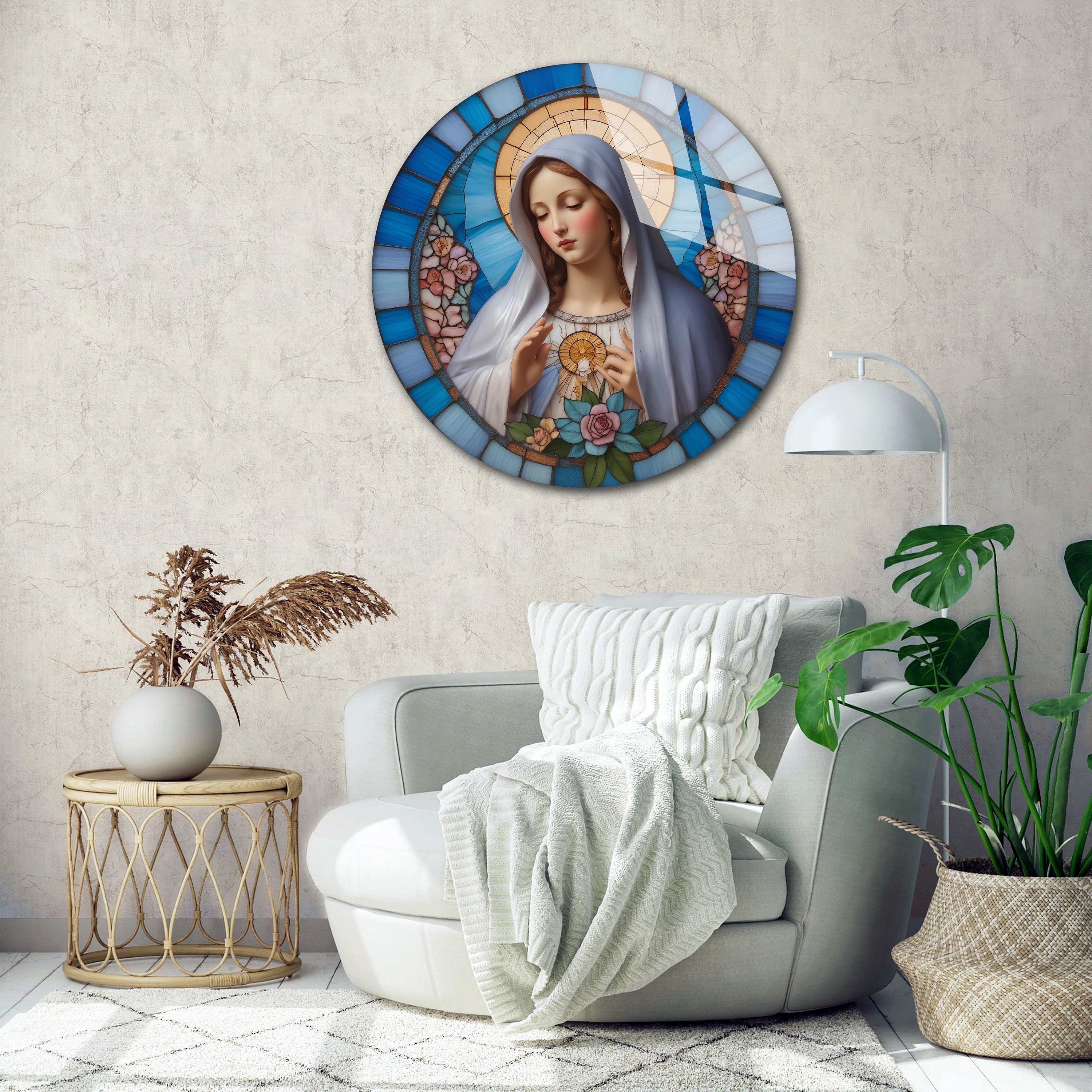 Virgin Mary Tempered Glass Wall Art, Virgin Mary Round Tempered Glass ...