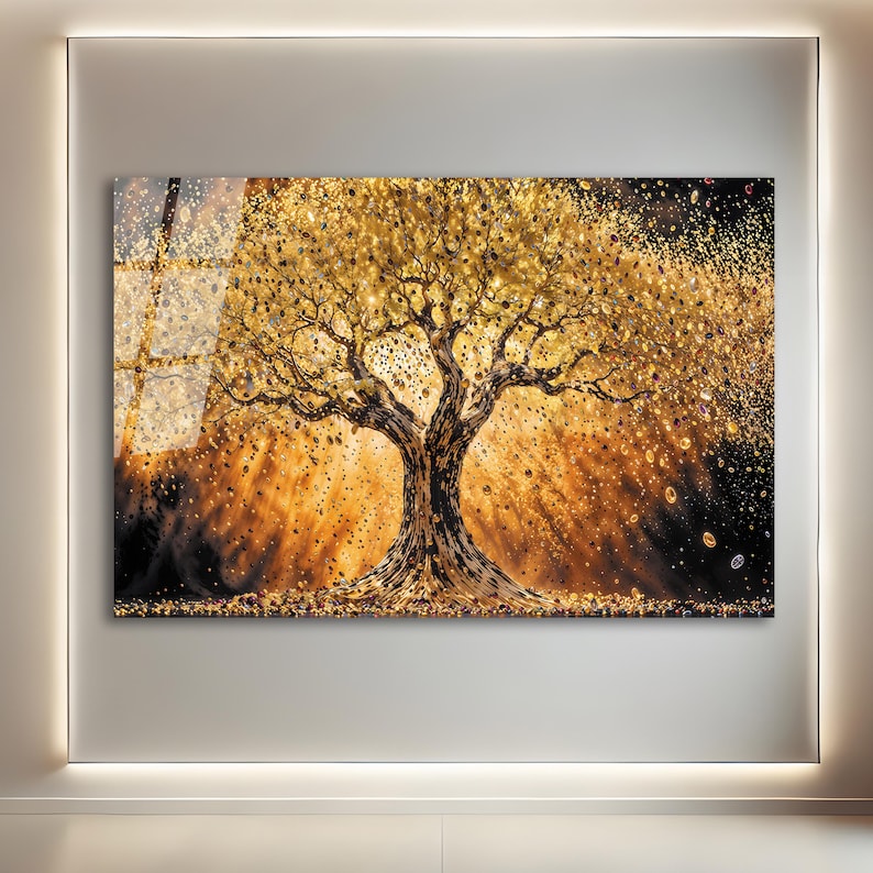 Golden Tree Tempered Glass Wall Art: Modern Home Decor - Etsy