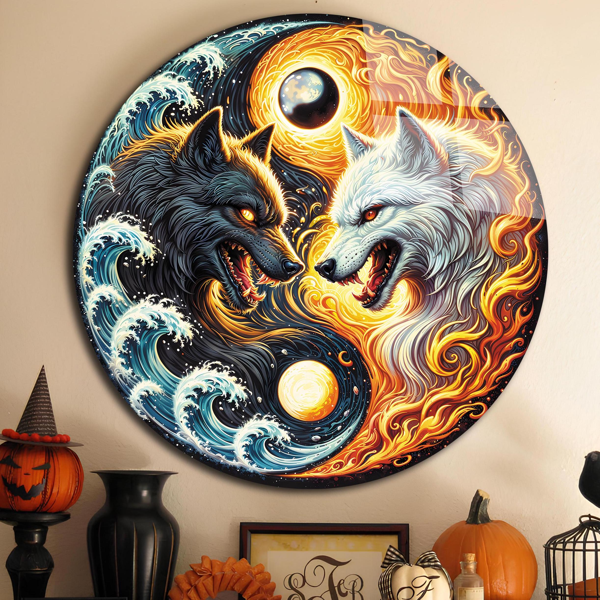 Yin Yang Wolf Tempered Glass Wall Art-magical Wolf Round Wall Art ...
