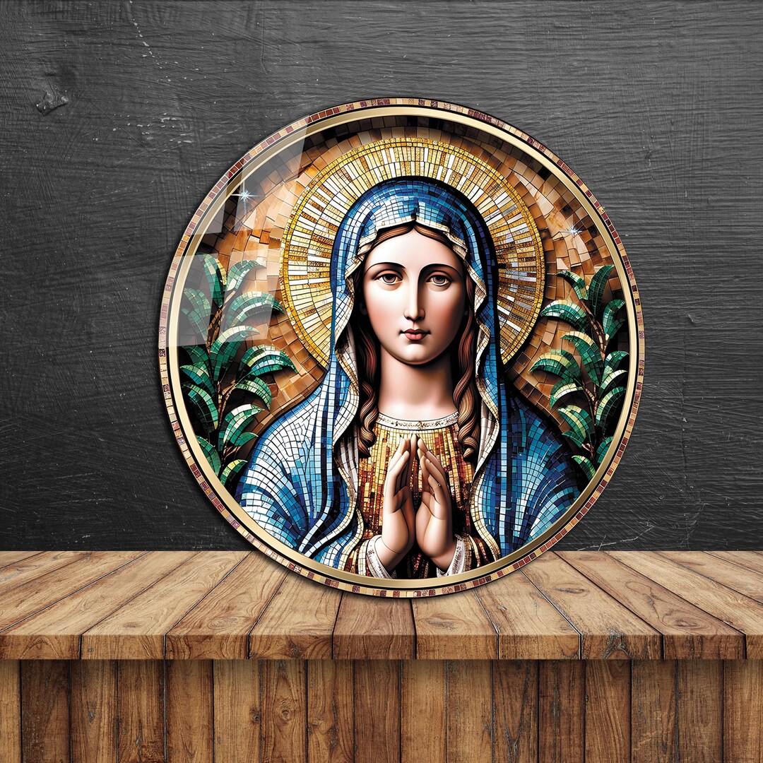 Virgin Mary Tempered Glass Wall Art, Virgin Mary Round Tempered Glass ...