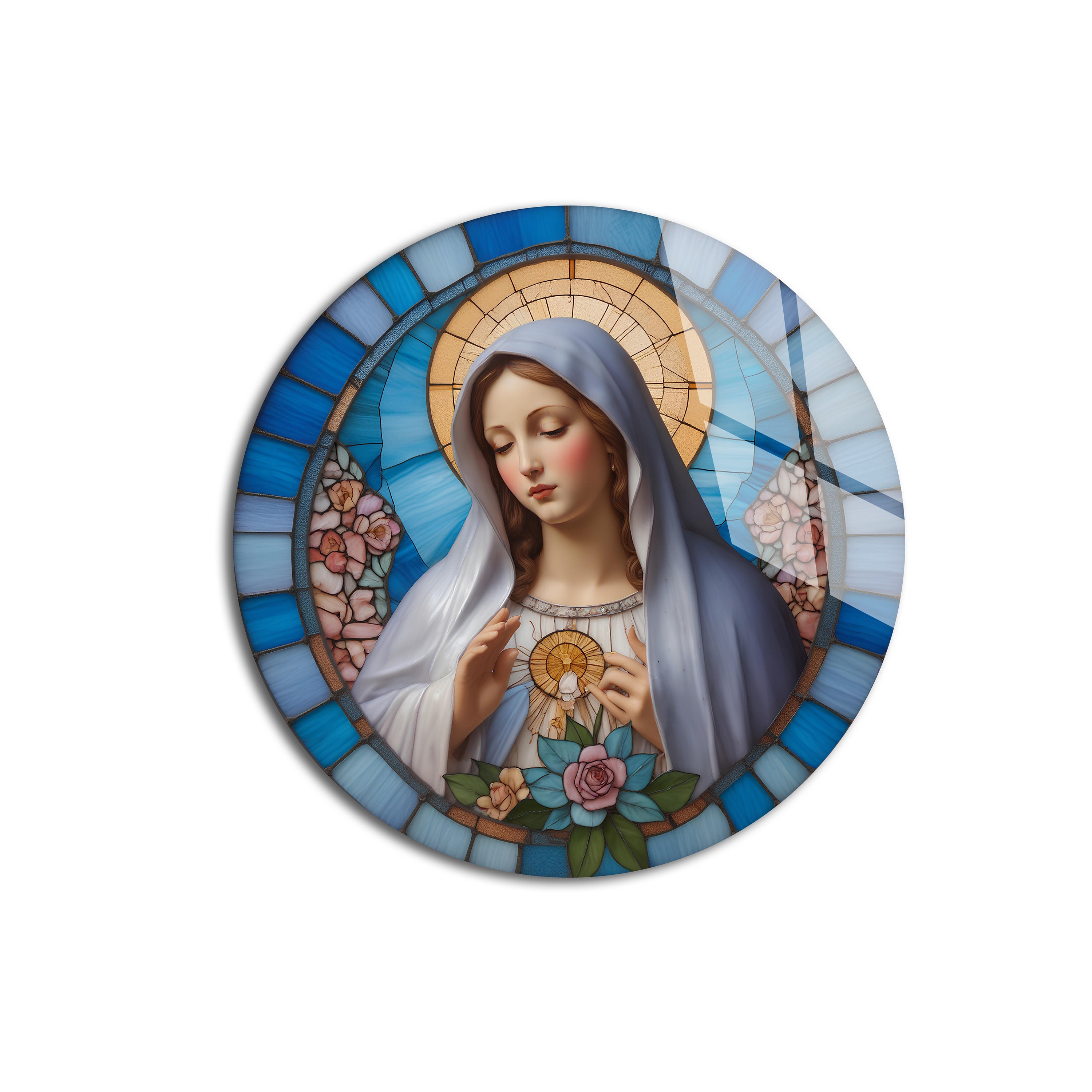 Virgin Mary Tempered Glass Wall Art, Virgin Mary Round Tempered Glass ...