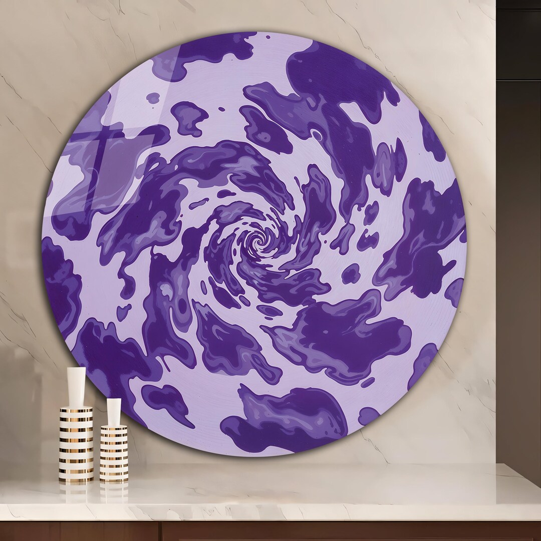 Purple Cow Pattern Wall Art, Round Glass Wall Art, Living Room Decor ...