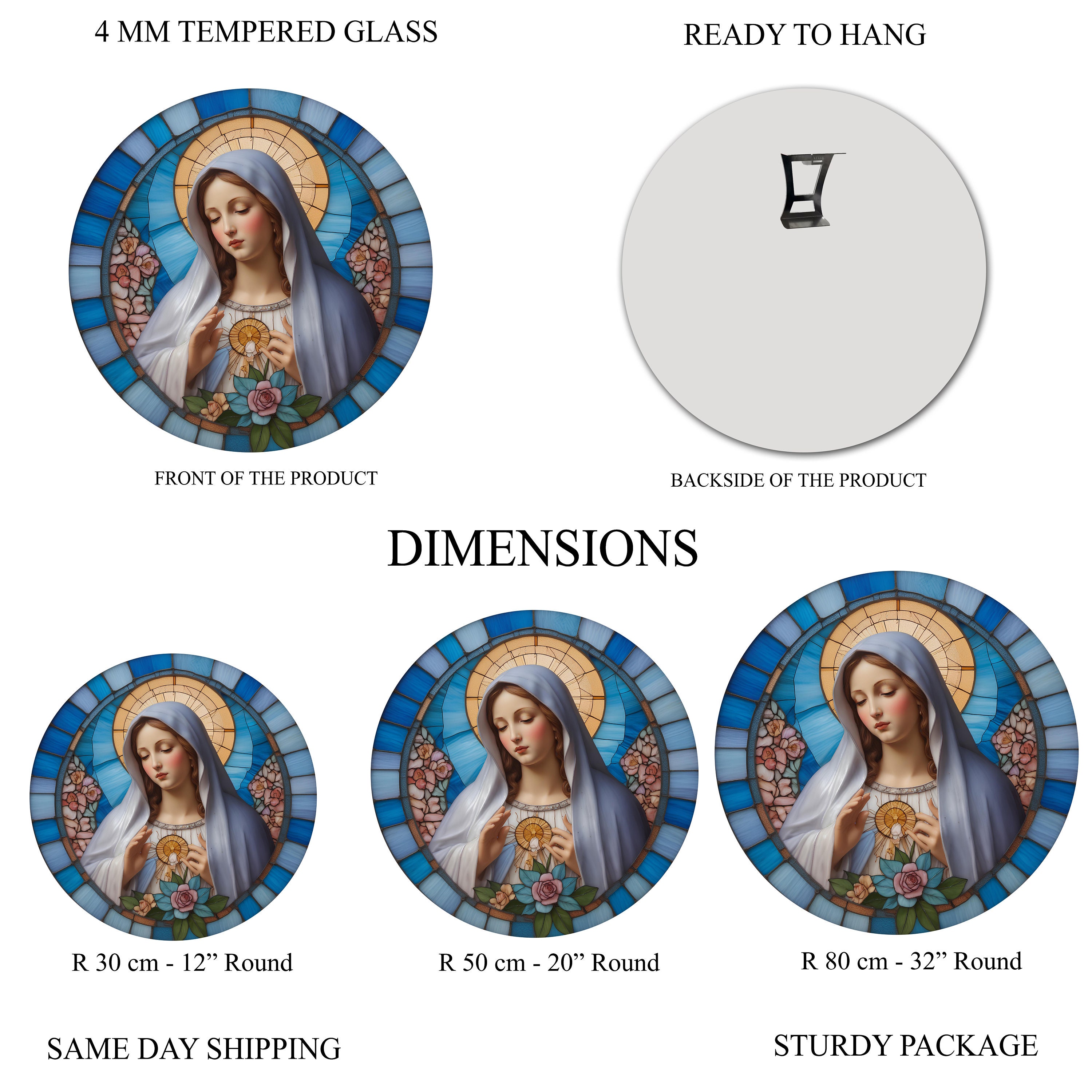 Virgin Mary Tempered Glass Wall Art, Virgin Mary Round Tempered Glass ...