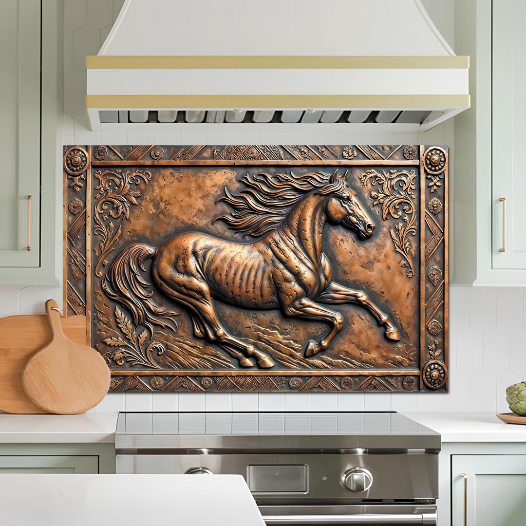 Horse Tempered Glass Backsplash, Majestic Copper Look Kitchen ...