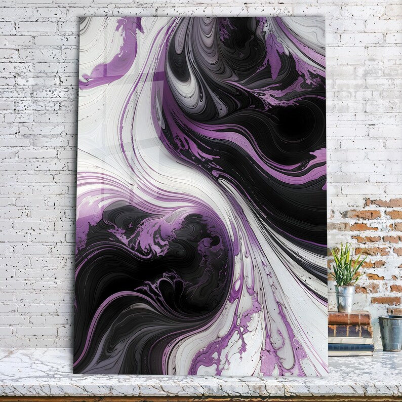 Amethyst Black Abstract Marble Tempered Glass Wall Art, Purple Black ...