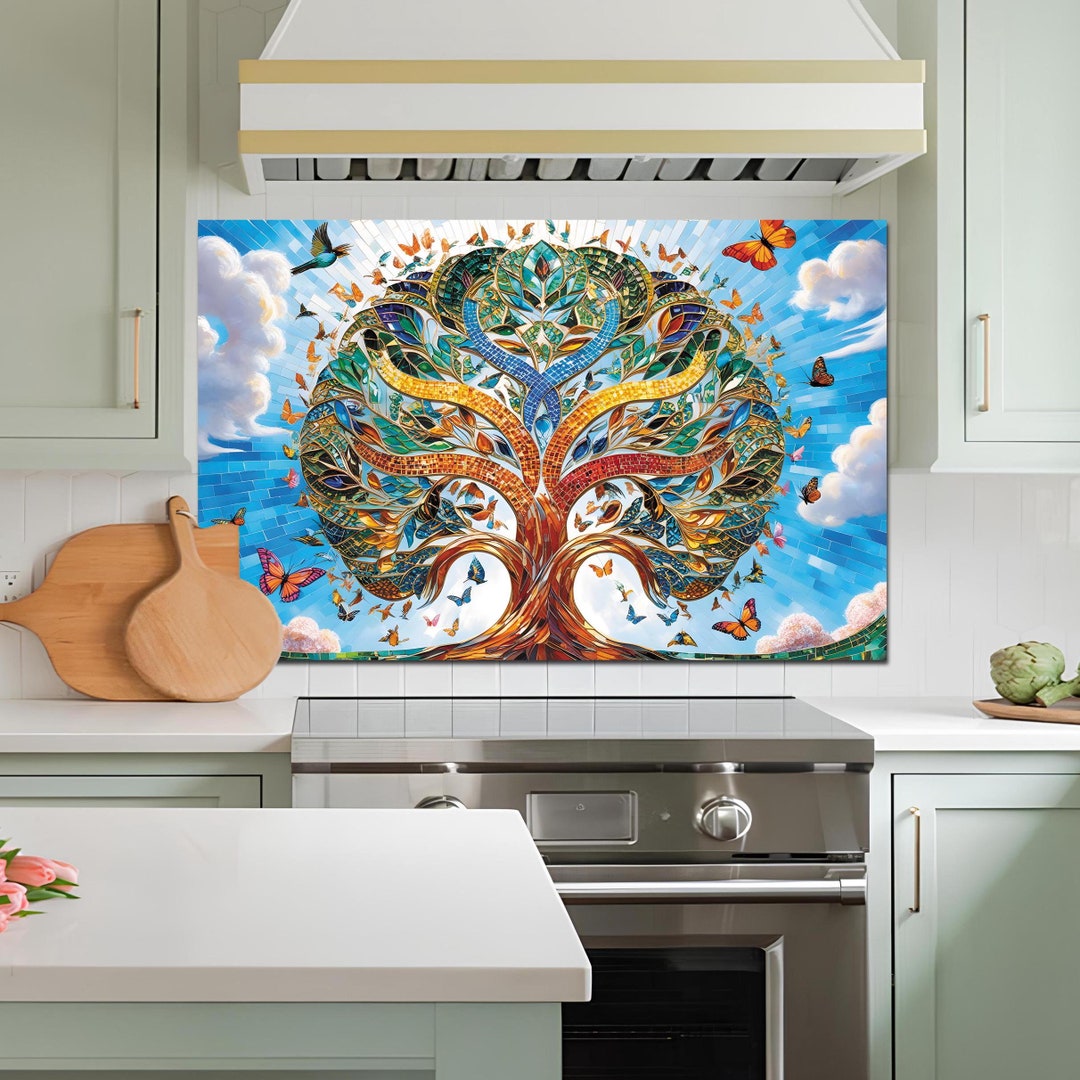Tempered Glass Backsplash-stained Tree Backsplash for Kitchen ...