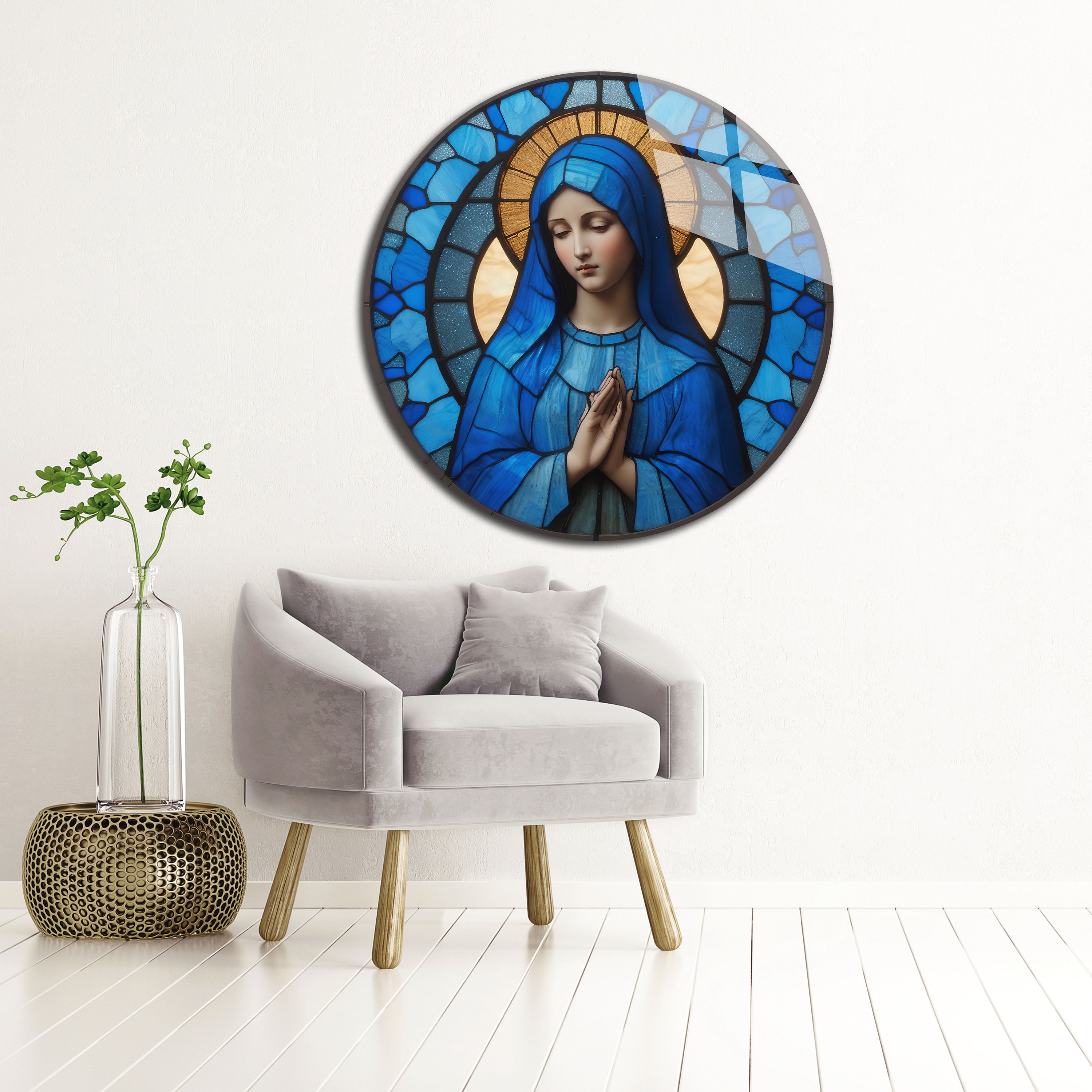 Virgin Mary Tempered Glass Wall Art, Virgin Mary Round Tempered Glass ...