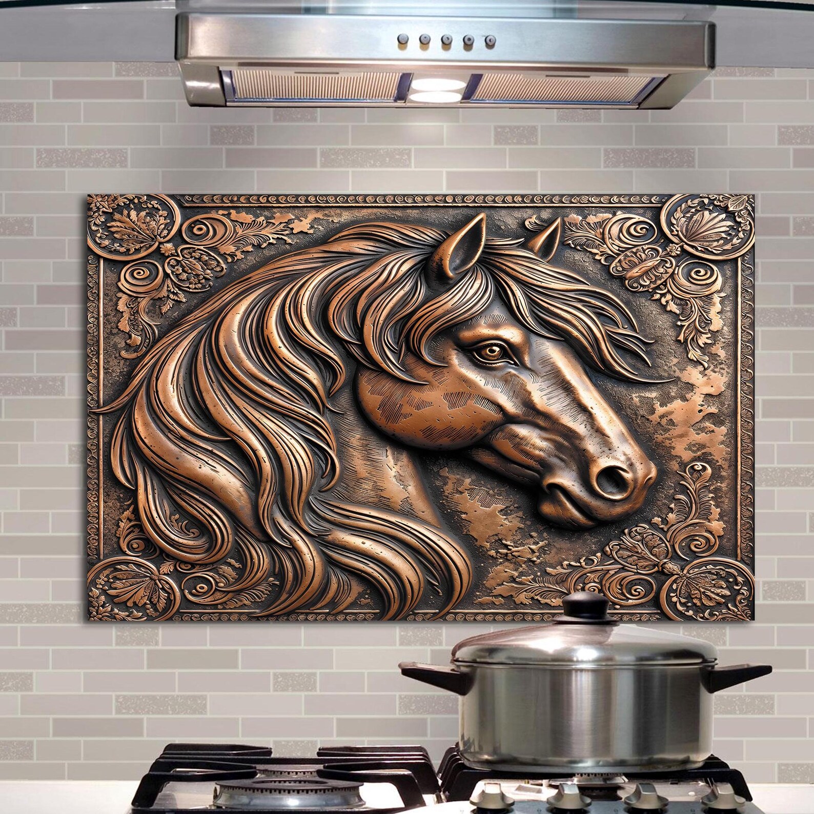 Horse Tempered Glass Backsplash, Majestic Copper Look Kitchen ...