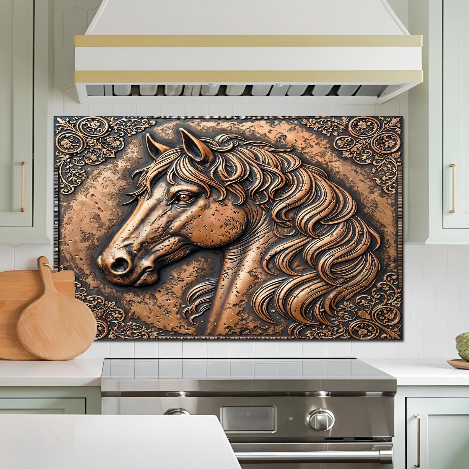 Horse Tempered Glass Backsplash, Majestic Copper Look Kitchen ...