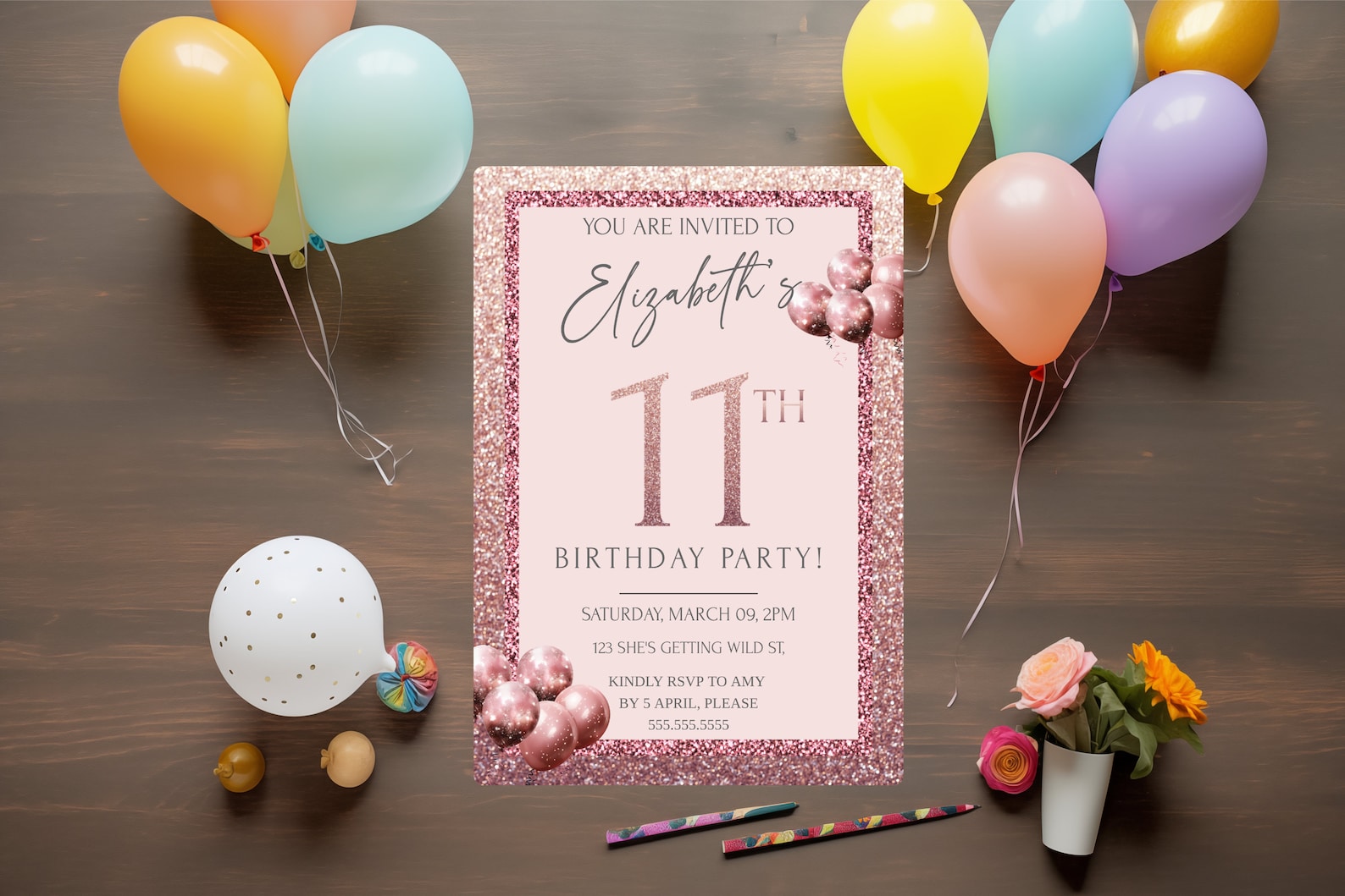 11th Birthday Rose Gold Invitation Balloon Birthday Party Invite ...