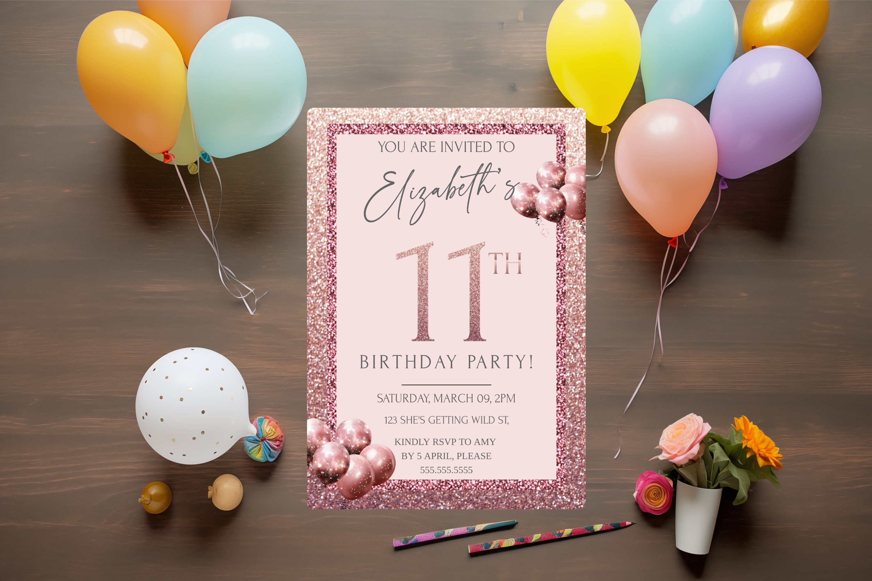 11th Birthday Rose Gold Invitation 11th Birthday Invite for Girl Girl's ...