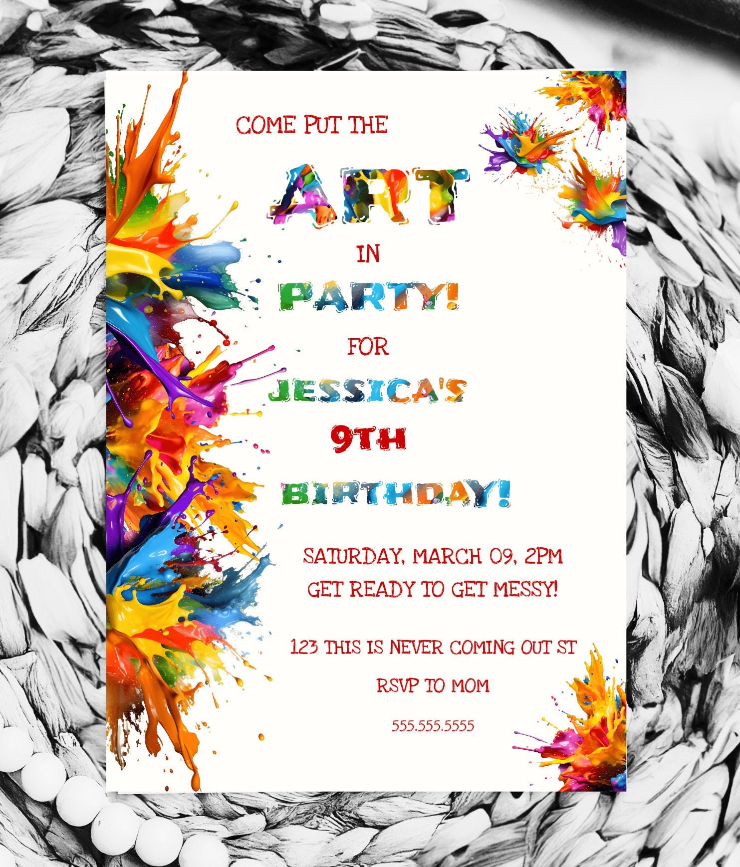 Artist Theme Party Girl's Birthday Invitation Paint Splatter Splatter ...