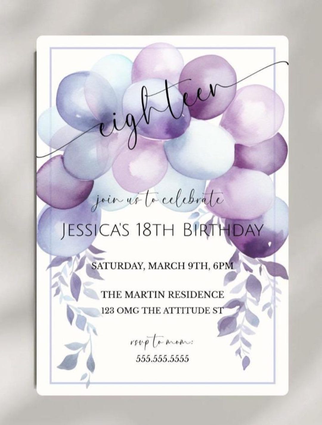 Girl's Boho 18th Birthday Invite Purple Balloon Birthday Party ...