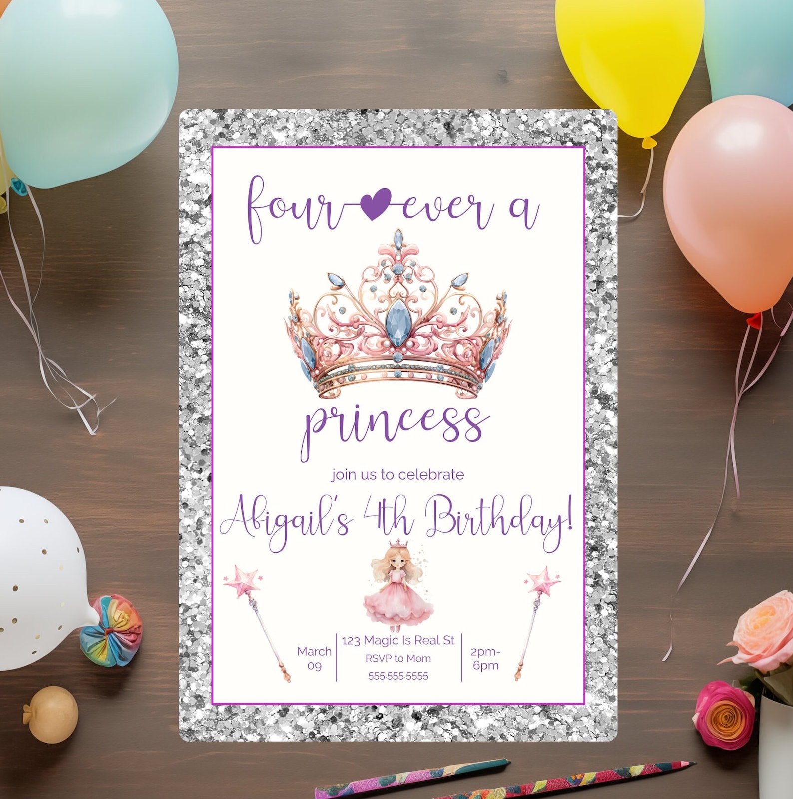 Forever A Princess Invitation- Four Ever Princess Birthday- 4th ...