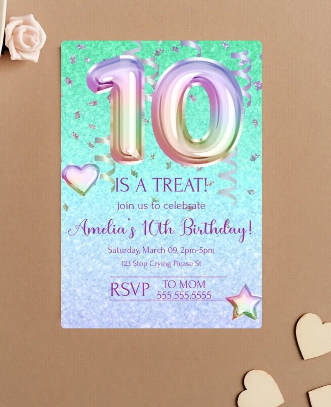 Double Digit Invite Glitter 10th Birthday Invitation Foil Balloon ...