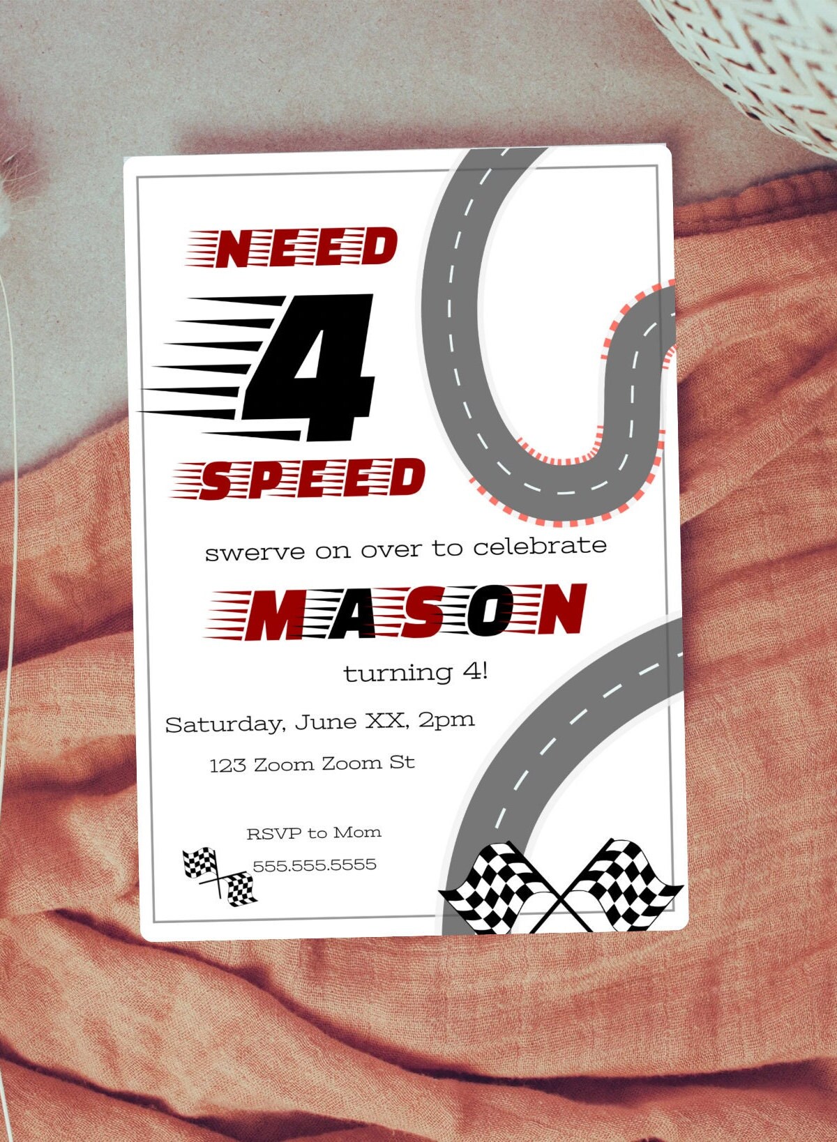 Need Four Speed Birthday Invitation Boy's 4th Race Car Party, Racing ...