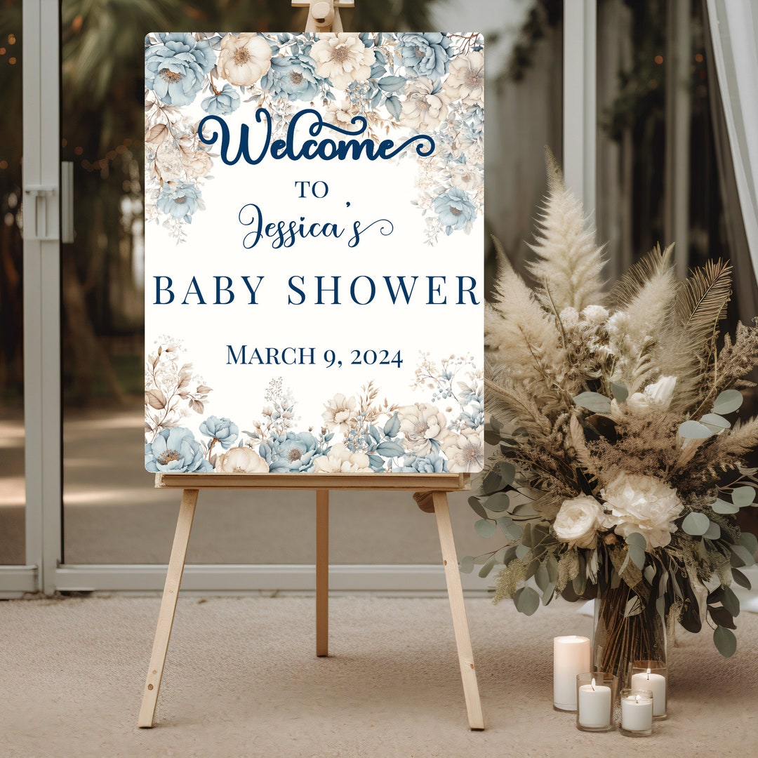 Blue Baby in Bloom Welcome Sign Classy Baby Shower Welcome Sign Dusty ...